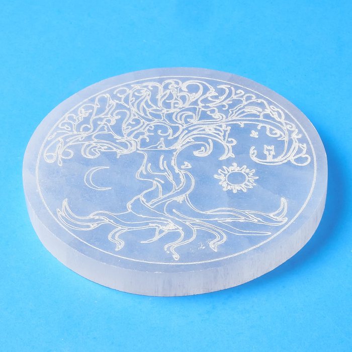 Selenite 10cm Disc with Etched Tree of Life Design (1pc) XTRA